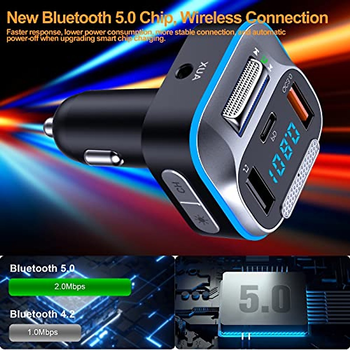 Bluetooth Adapter Car, 2023 Stronger Hi-Fi Bass Sound, Wireless Bluetooth FM Radio Adapter, Handsfree Call,30W PD&QC3.0 Fast Charging, 7 Colors LED, Support AUX Output and U Disk Bluetooth Transmitter