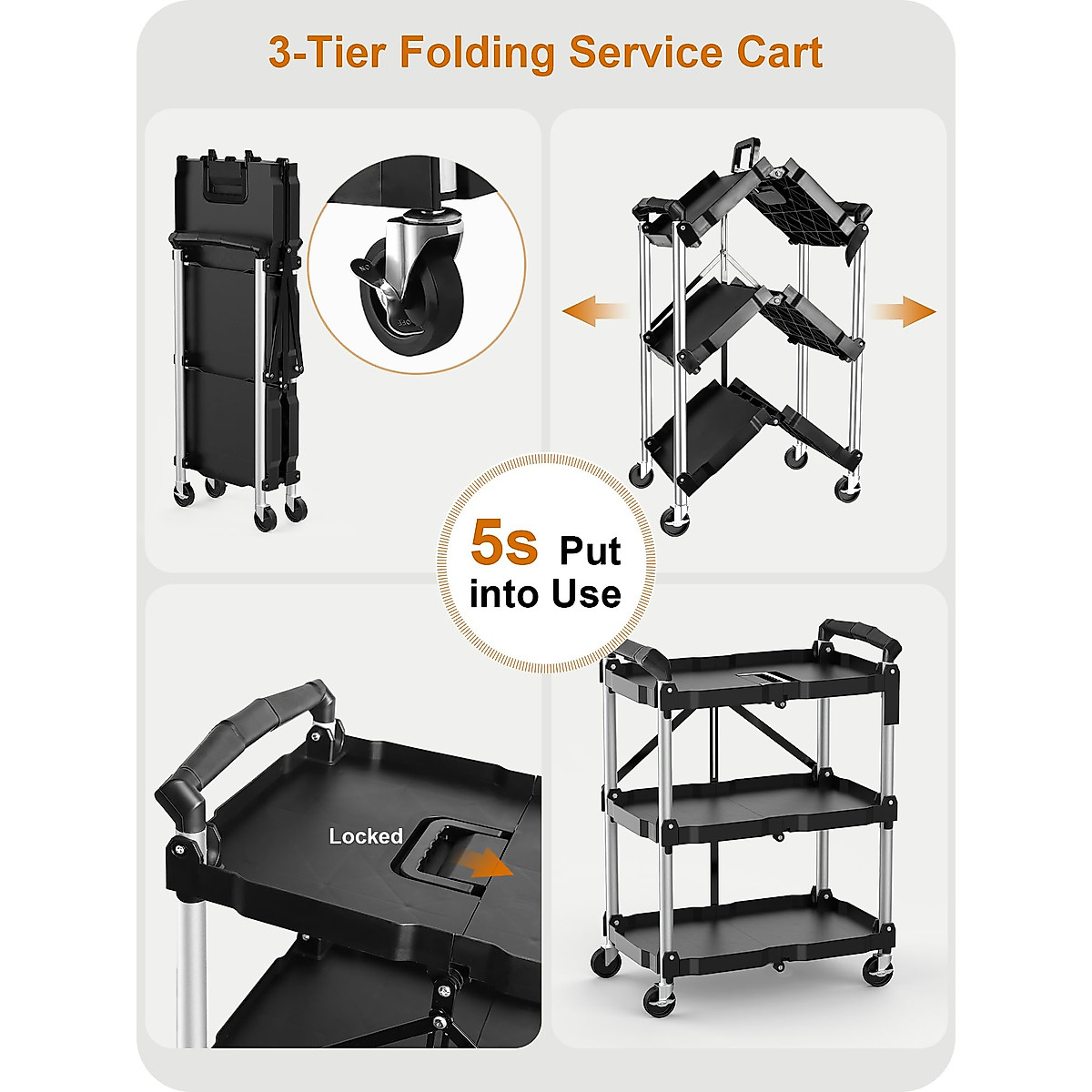 HIMIX Foldable Utility Carts with Wheels, 3-Tier Holds 240lbs Folding Rolling Cart with Fixed Rope, Collapsible Service Cart for Home, Office, Garage, and Warehouse - No Assembly Required