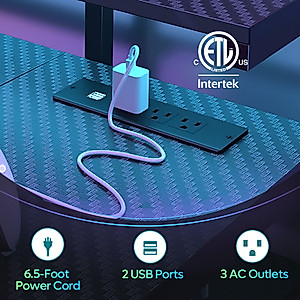 Bestier 55 inch Gaming Desk with Power Outlets & LED Lights, Computer Desk with Monitor Stand & Adjustable Shelves, Home Office Desk with Cup Holder & Hook, Black 3D Carbon Fiber