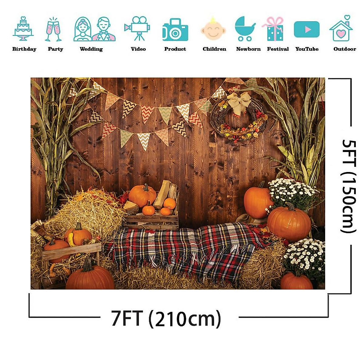 AIIKES 7x5FT Fall Thanksgiving Photo Backdrop Rustic Wood Board Barn Harvest Photography Backdrop Autumn Pumpkin Leaves Flower Baby Birthday Portrait Party Decoration Photo Studio Props 11-741