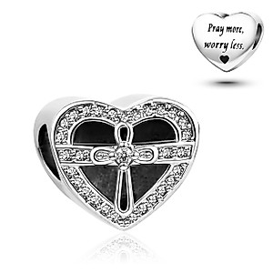 SBI Jewelry Bible Cross Heart Charm Compatible with Pandora Charm Bracelet Christmas Family Friends Jesus God Pendant Gift Crystal Clear Birthstone Anniversary