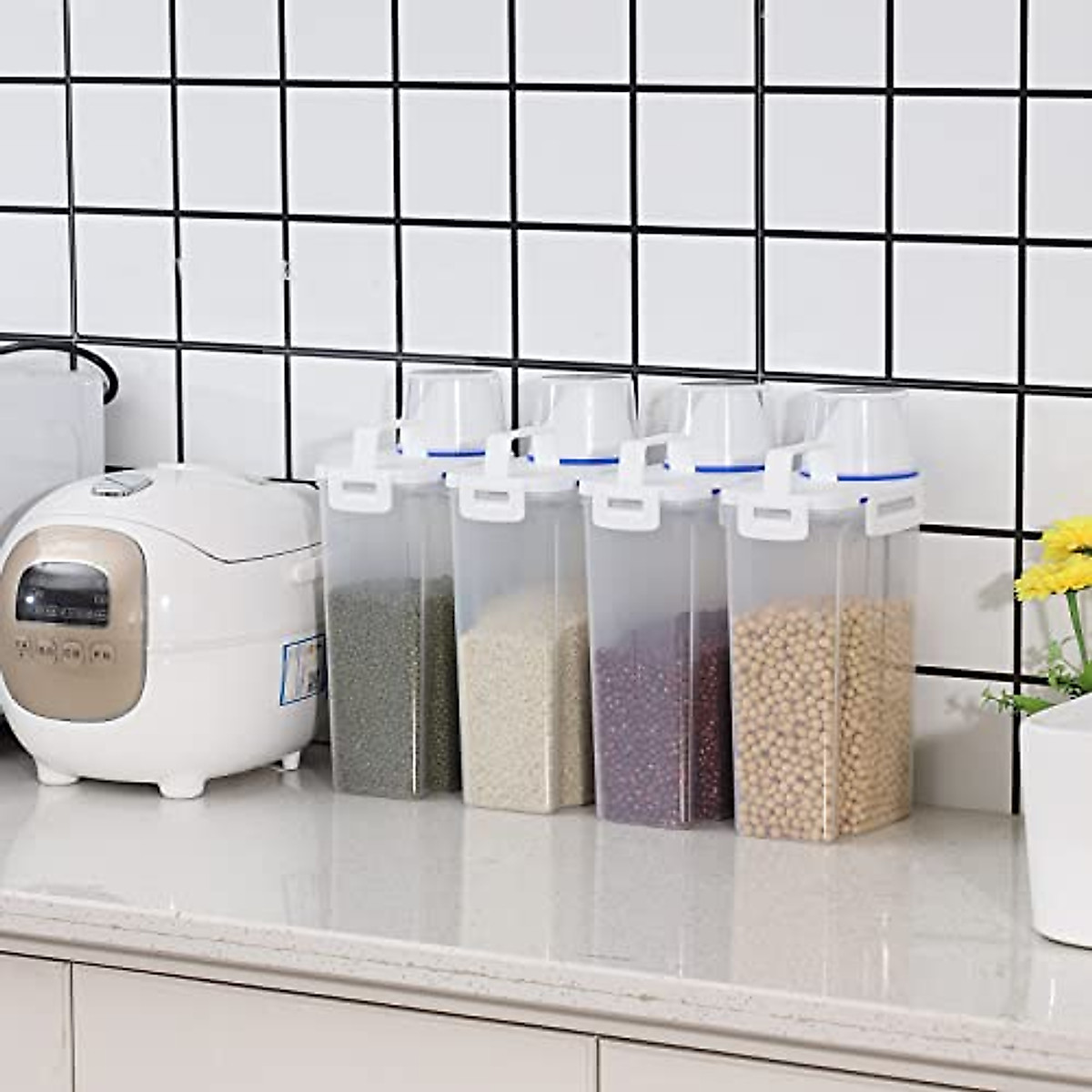 Cq acrylic 4 Pack Cereal Storage Container Set with Lid,Food Storage for Kitchen Organization Containers With Measuring Cup for Flour,Sugar,Grain,Rice&Baking Kitchen & Pantry Bulk,Clear 2L