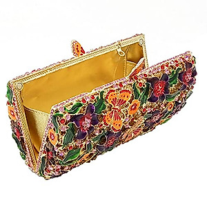 Boutique De FGG Flowers & Butterfly Women Crystal Clutch Evening Bag Wedding Party Rhinestone Handbags (Small,Orange Purple)
