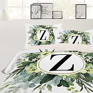 Queen Duvet Cover Set - Eucalyptus Leaves 4 Pcs Comforter Cover Bedding Sets with Zipper Closure, Z Monogram Letter Watercolor Teal Botanical Microfiber Bed Sheet Soft Quilt Cover with 2 Pillow Shams