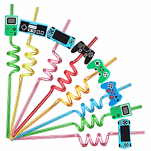 24 Video Game Party Favors Game Controller Drinking Straws Goodie Gifts for Kids Gamer Birthday Party Supplies, Game On Party Supplies with 2 PCS Cleaning Brushes