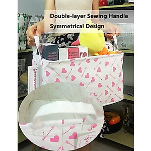 QUEENLALA Rectangular Laundry Hamper/Foldable Nursery Laundry Basket for Organizing/Storage Bin Baskets/Children Toy Office Bedroom/Toy Bin Closet Shelf Baskets（Rec-Pink-Heart Arrow）