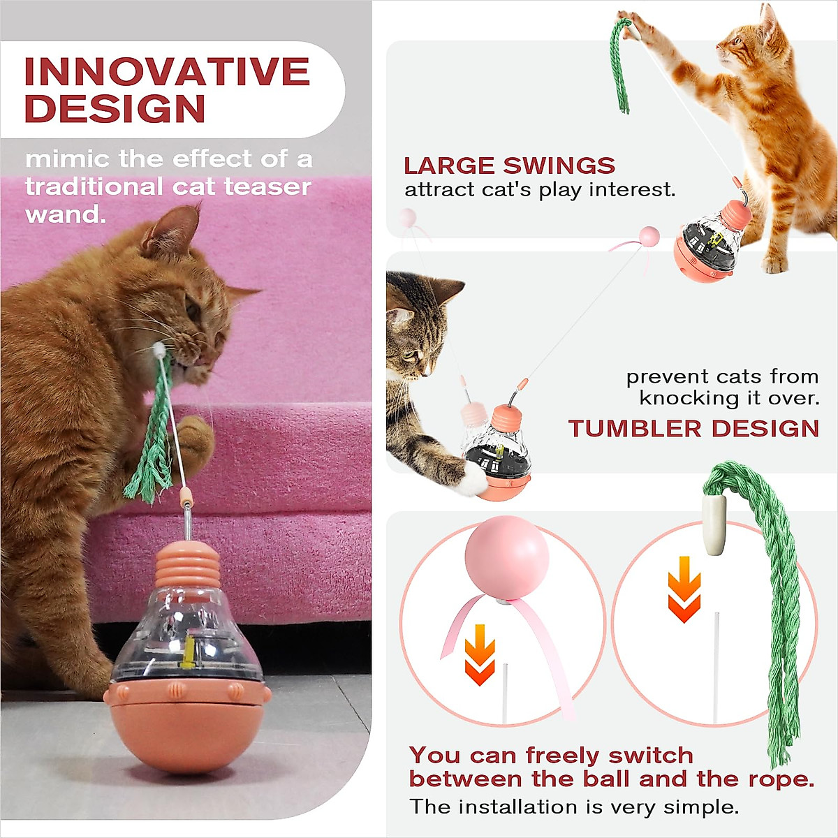 TLKNG Cat Interactive Toys for Indoor Cats Kitten Wand Toy Weight Loss Kitty Funny Balls Slow Food Dispenser Feeder Treat Dispensing Feeding Pet Supplies Birthday Gift A