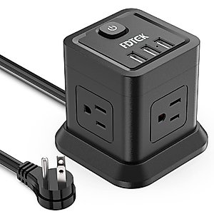 Power Strip with USB, FDTEK Flat Plug Extension Cord with 4 AC and 3 USB, 5 FT Power Cord Desktop Charging Station, Overload Protection, Compact Portable for Travel Home Office Cruise Ship - Black