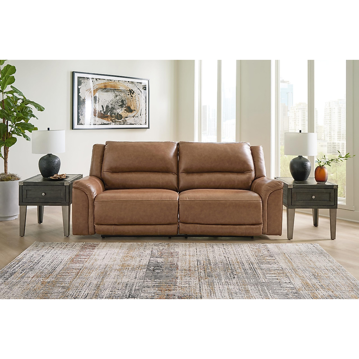 Signature Design by Ashley Trasimeno Contemporary Leather Match 2 Seat Power Reclining Sofa with Adjustable Headrest and USB Ports, Dark Brown