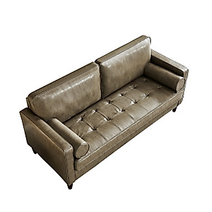 TARTOP Vegan PU Leather Living Room, Mid-Century Upholstered 3 Sofa Couch with 2 Pillows,Hidden Storage Space and Button Tufted Seat for Home or Office,Khaki