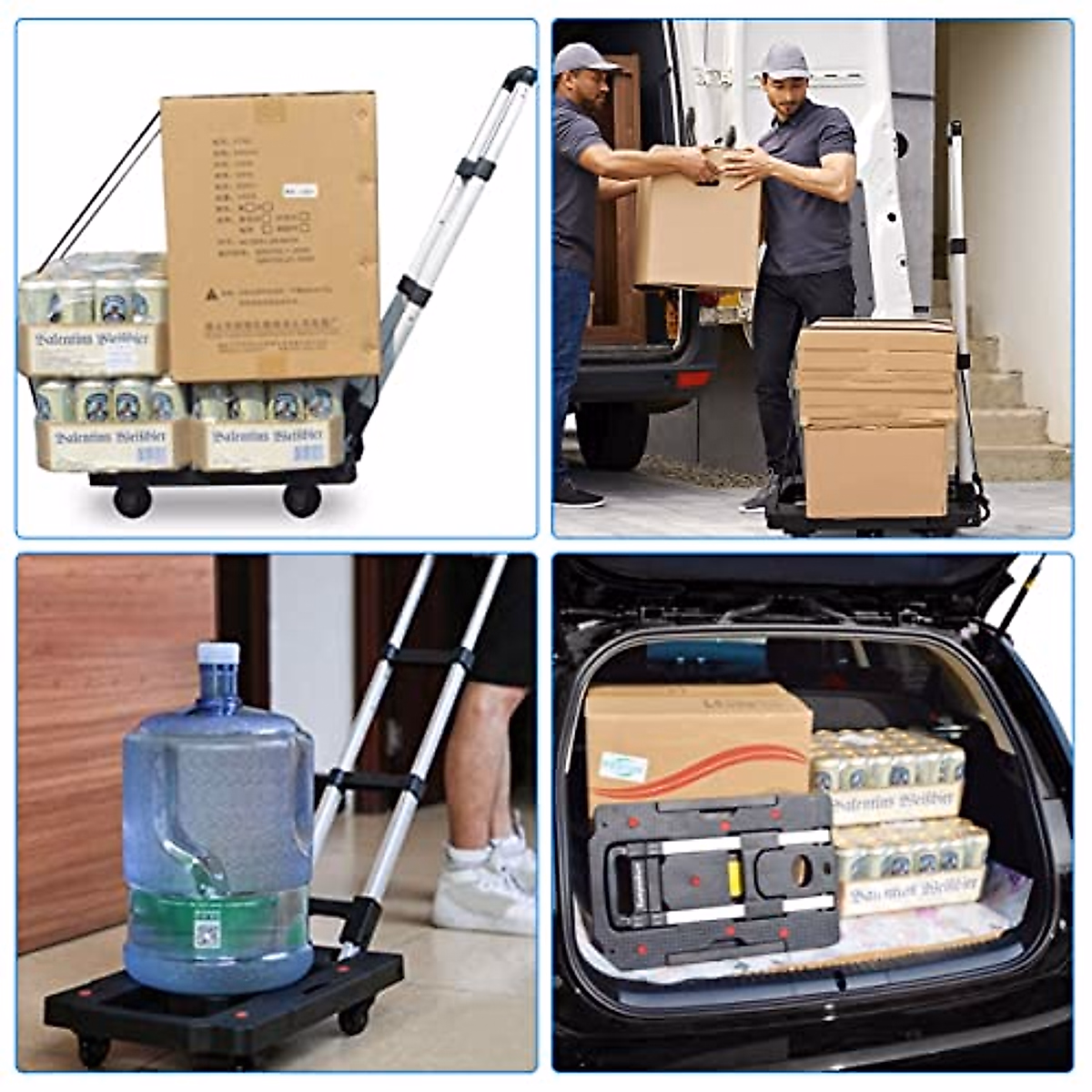 Folding Hand Truck, 330 Lbs Foldable Hand Truck Dolly Cart Heavy Duty Collapsible Trolley Portable Platform Luggage Cart with 5 Wheels & 2 Elastic Ropes for Moving, Shopping, Travel, Home, Office Use