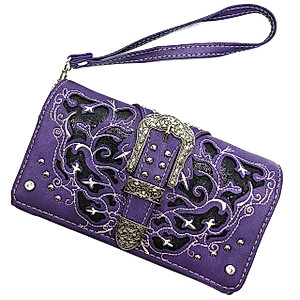 Western Gleaming Buckle Floral Cowgirl Women Crossbody Wrist Trifold Wallet (Purple)
