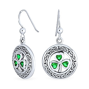 Irish Triquetra Celtic Knot Disc Circle Good Luck Shamrock Clover Dangle Earrings Simulated Kelly Green Emerald CZ Oxidized .925 Sterling Silver