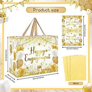 Engagement Party Gift Bags White Gold Engagement Gift Bags with Tissue Paper Card Christmas Engagement Gift Wrapping Paper Bag Happy Engagement Gift Bag Card Gold Engagement Party Decoration Supplies