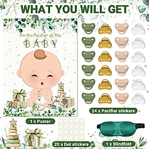 Faccito Pin The Pacifier on The Baby Party Games Sage Green Baby Shower Decorations Pin Pacifier on Baby Game with 24 Pacifier Stickers Game Blindfold for Baby Shower Birthday Party Supplies(Fair)