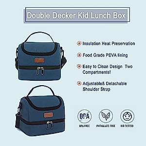 Femuar Kids Lunch Box Lunch Bag for Boys & Girls Insulated Lunchbox Children Dual Compartments Lunch Cooler Bag for School/Picnic/Gift, Blue