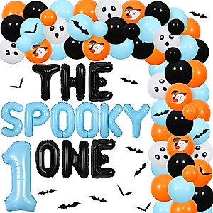 Kreatwow Spooky One Halloween Birthday Decorations Blue Orange Halloween 1st Party for Boys the Spooky One Balloon Banner Number 1 Ghost Bats Balloon Garland for First Halloween Birthday