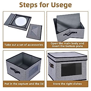 YheenLf 3 Sets China Storage Containers With Lid and Handles, Dinnerware Storage Box for Dishes Plate Storage Containers with 30 Felt Dividers, Hold 30 Plates, 12 x 12 x 8 inches, Grey