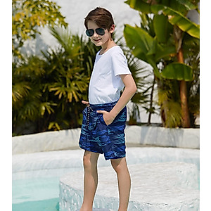 Cozople Boys Swimming Trunk with Boxer Brief Liner UPF Swim Shorts Compression Stretchy Bathing Suits Blue Grass Boardshorts Quick Dry Swimwear Size 10-12