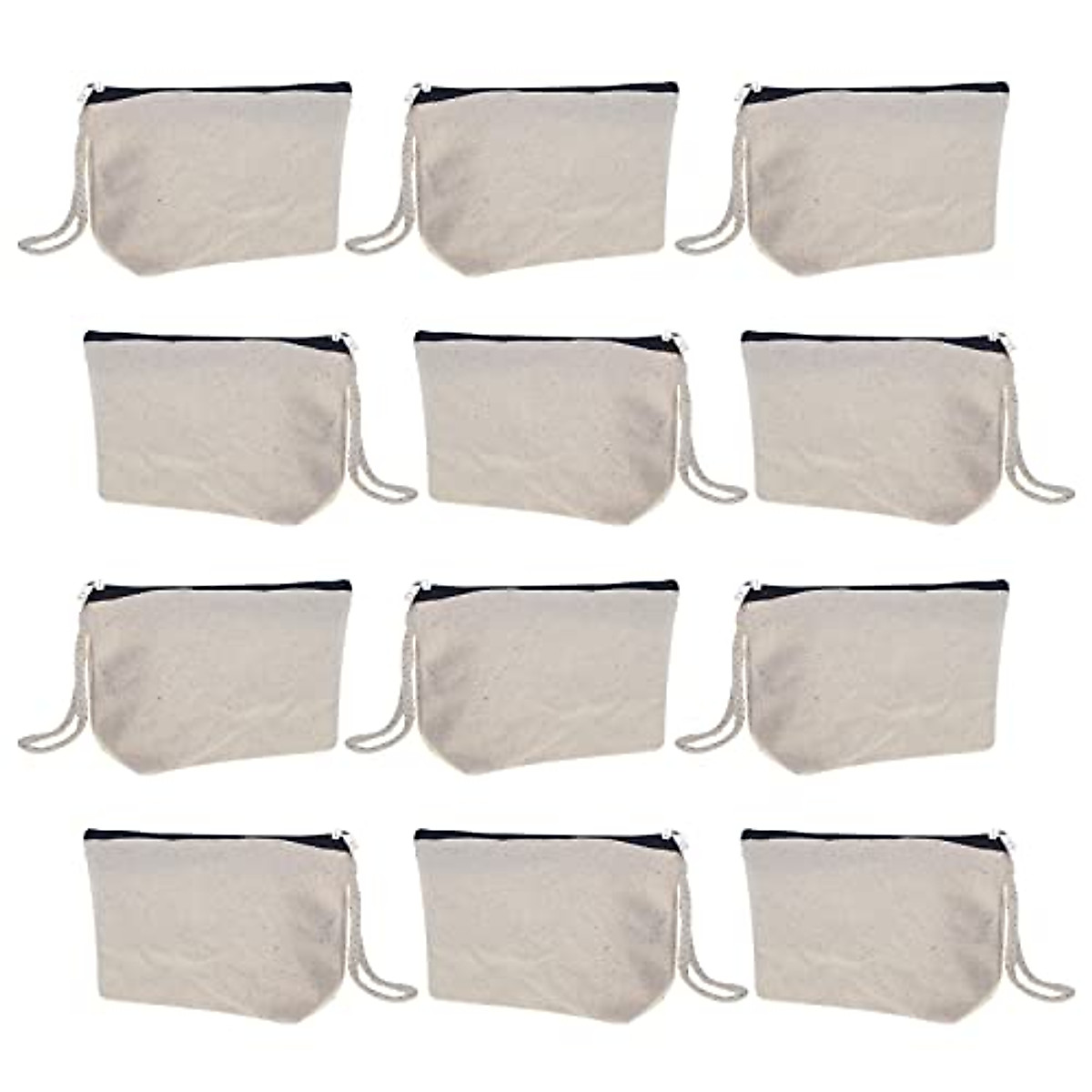 Muka 12 Pack 100% Cotton Canvas Bag Natural Wristlet Pouch with Black Zipper 7-1/2 x 4-1/4 x 2 Inches