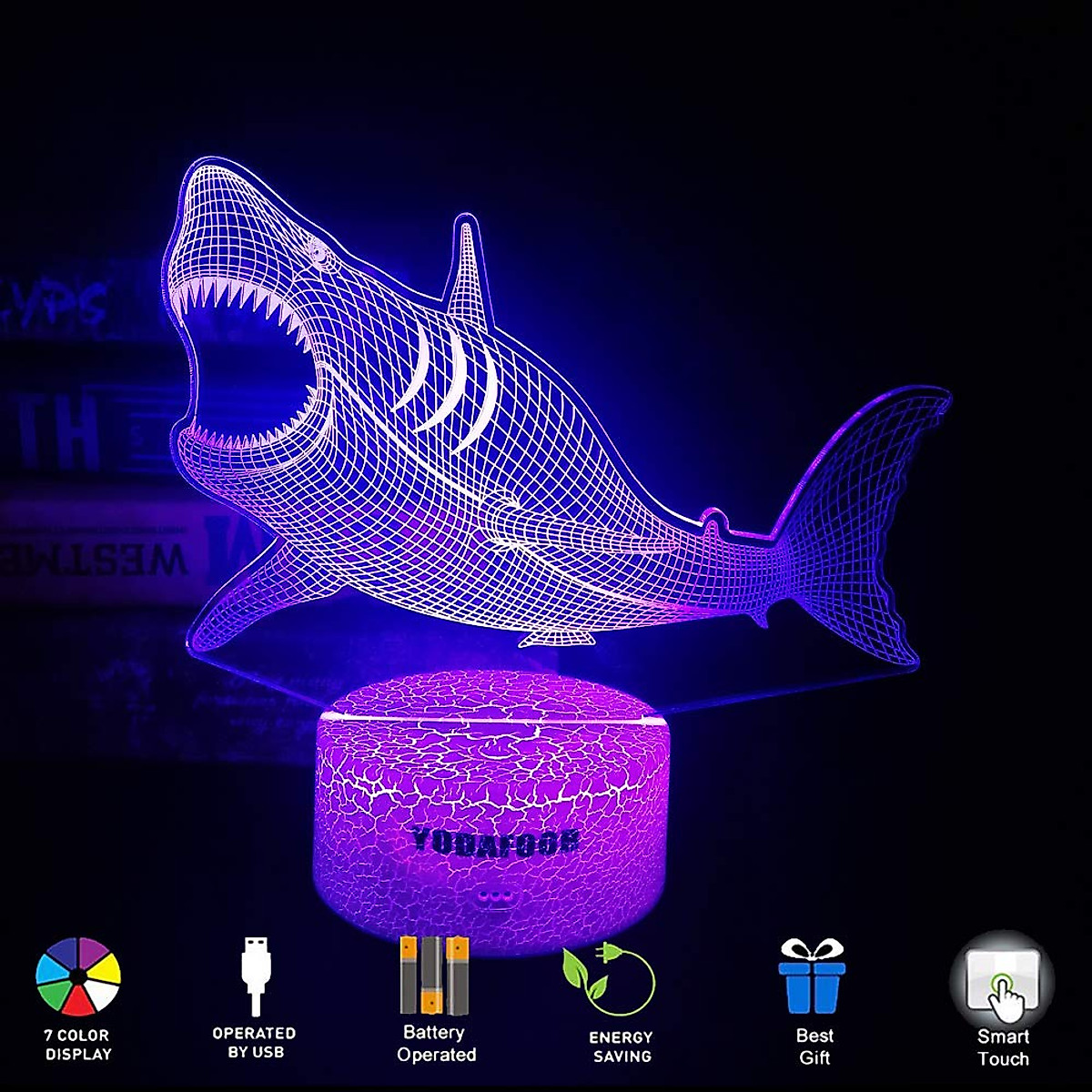 YODAFOOR Shark Night Light, 3D Illusion Megalodon Night Lamp for Kids, 16 Color Changing with Dimmable Remote Control, Toy Shark Birthday Christmas Gifts for Girls Boys, Bedroom Shark Theme Decor