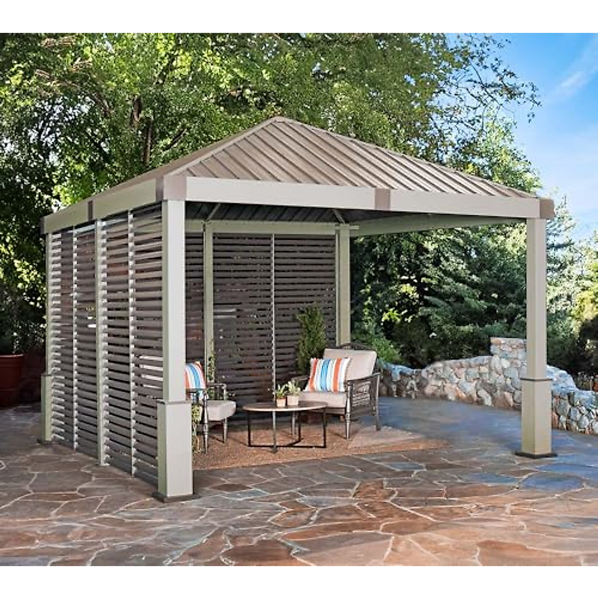 Sojag 12' x 12' Nanda Hardtop Gazebo Outdoor Weather-Resistant Aluminum Frame Shelter with Mosquito Net Champagne