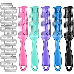 5 Pieces Razor Comb with 20 Pieces Razors, Hair Cutter Comb Dual Side Cutting Scissors Hair Thinning Comb Double Edge Hair Razor Comb Slim Haircuts Cutting Tool (5 Colors)