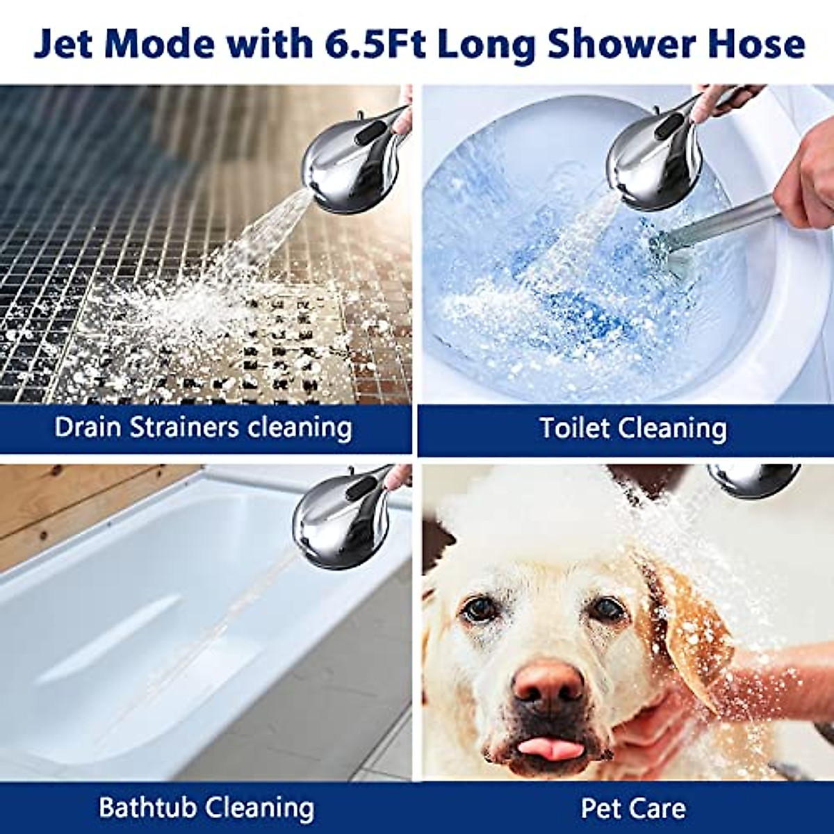 High Pressure 10 Setting Handheld Shower Head, 5" Detachable Showerhead Spray Built-in Power Wash to Clean Tub, Tile & Pets, 79" Extra Long Stainless Steel Hose, Adjustable Bracket - Chrome