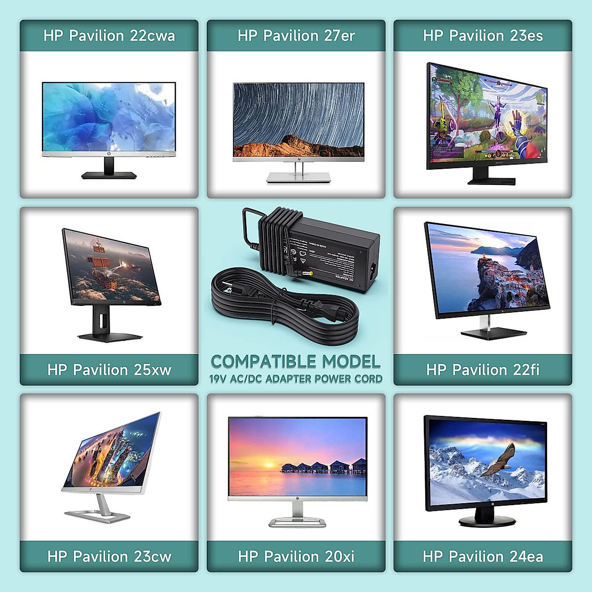19V HP Monitor Power Cord for VH240A, 22CWA, 27F, 24F, 23ES, 24M, 25VX, 27EB, 27XW, 27XI, 27BW, 27ER, 27ES, 25XW, 25BW, 25XI, 24EA, 23XI, 23BW, ADPC1945; 27" 25" 23.8" 23" 21.5" 20" Power Supply