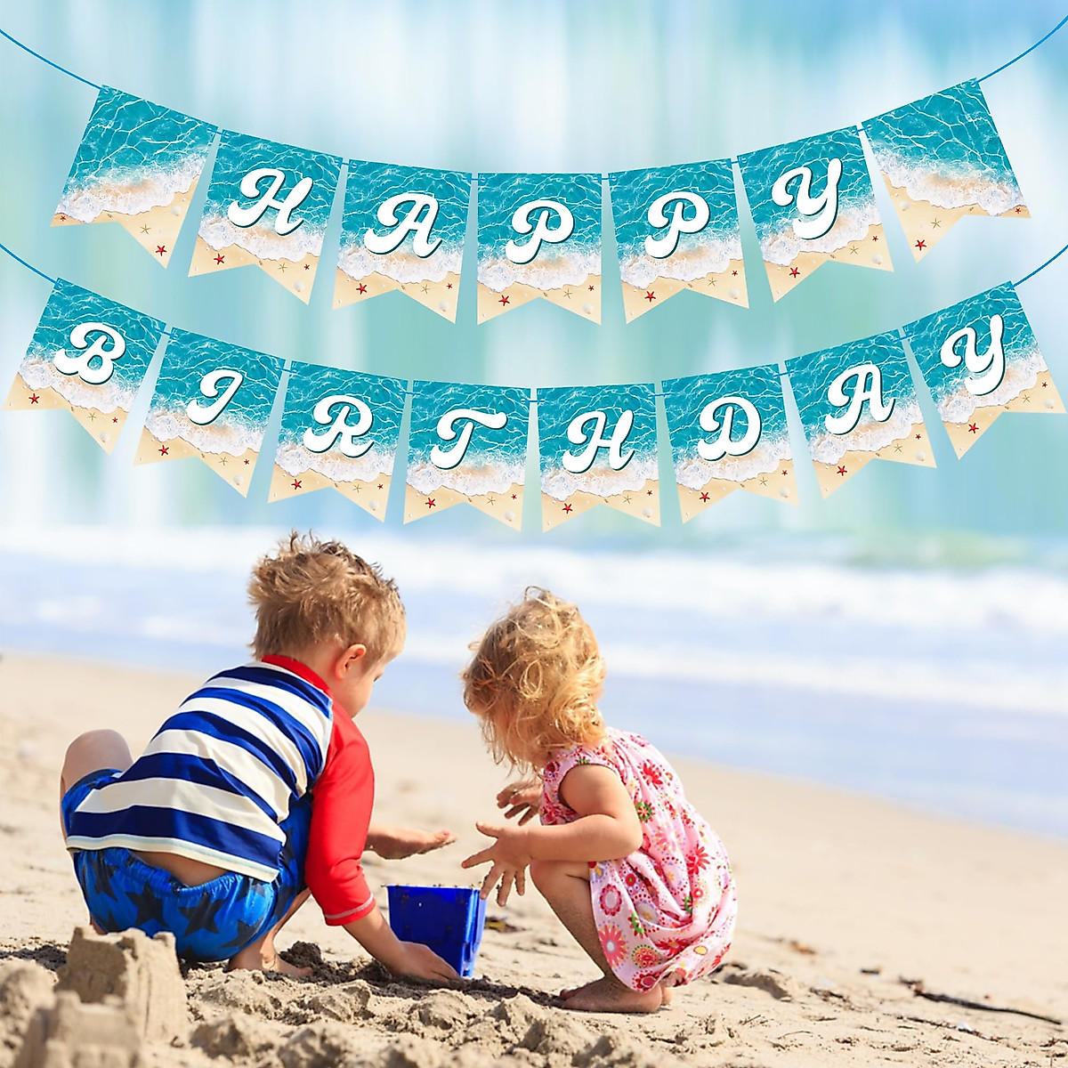 Beach Birthday Banner Garland Decorations for Hawaiian Aloha Luau Beach Pool Barbecue Party Beach Ball Happy Birthday Party Favor Supplies