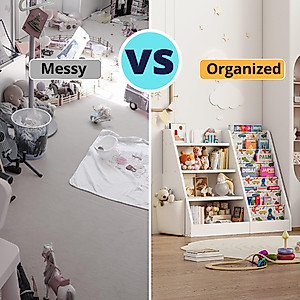 IRONCK Kids Bookshelf and Toy Storage Organizer, 4 Tier Wooden Kids Montessori Bookcase with 6 Layer Sling Shelves, for Kids Room, Bedroom, Playroom, White