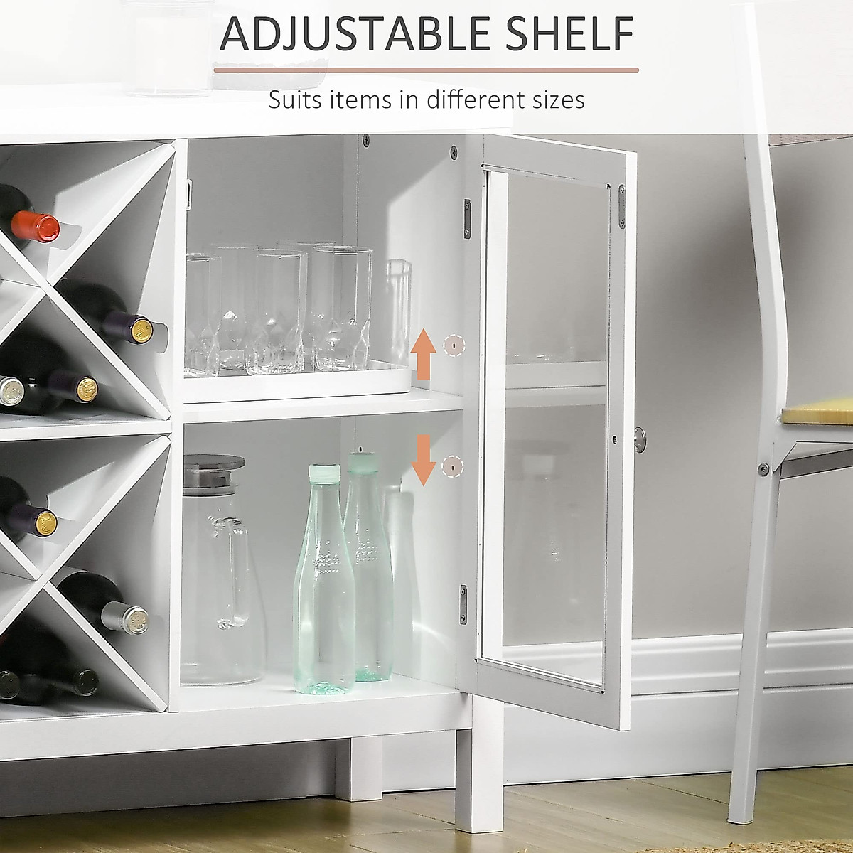 HOMCOM Sideboard Buffet Cabinet with Removable Wine Rack, Tempered Glass Door and Adjustable Shelves, Coffee Bar Cabinet for Living Room, Kitchen, Entryway, White