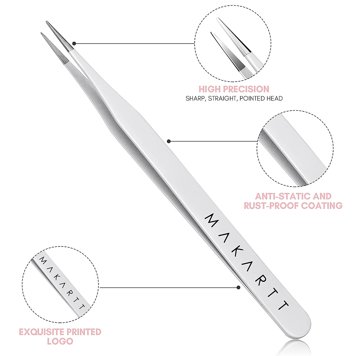 Makartt 2Pcs Straight Nail Tweezers Probe Tips Metal Precision Tweezers for Nail Art Picking Gems Rhinestones Acrylic Gel Stickers Eyelash Extensions Nail Tools