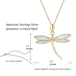 FANCIME Yellow Gold Plated Sterling Silver Opal Dragonfly Necklace Long Chain Charm Dainty Pendant October Birthstone Jewelry for Women 16"+2"
