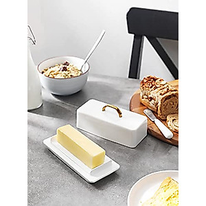 Sweese 327.101 Butter Dish with Lid for Countertop - Butter Dish with Gold Handle, Butter Dishes with Covers for 4oz East West Coast Butter - Dishwasher Safe, White