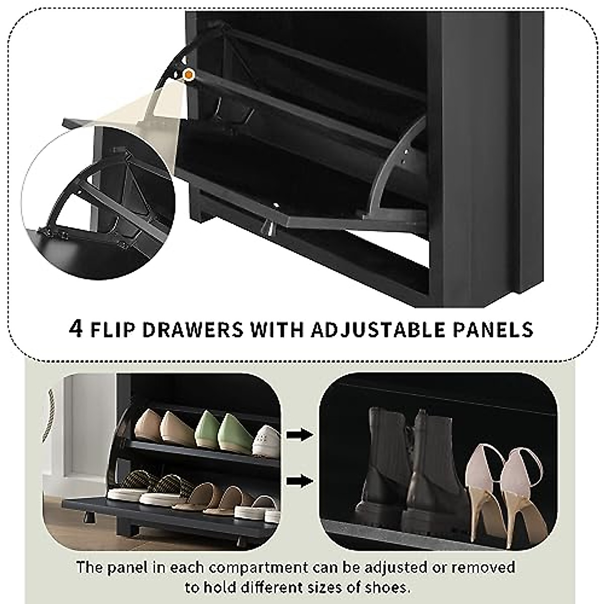 Aiuyesuo Slim Shoe Cabinet Set with 4 Flip Drawers, Wood Grain Pattern Top Shoe Storage Solution with Adjustable Panel, Shoe Rack with 2 Top Storage Drawers for Hallway Entryway (Black-QR0)