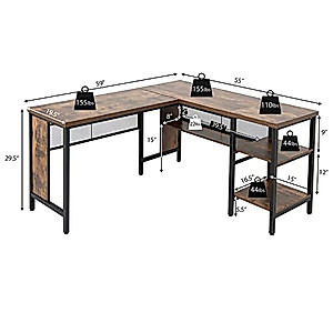 Tangkula L-shaped Office Desk, 59 Inch Large Corner Desk, Full-length Open Shelf & 2-Tier Side Shelves, Home Office Desk, Writing Desk Computer Workstation for Working, Studying, Gaming (Rustic Brown)