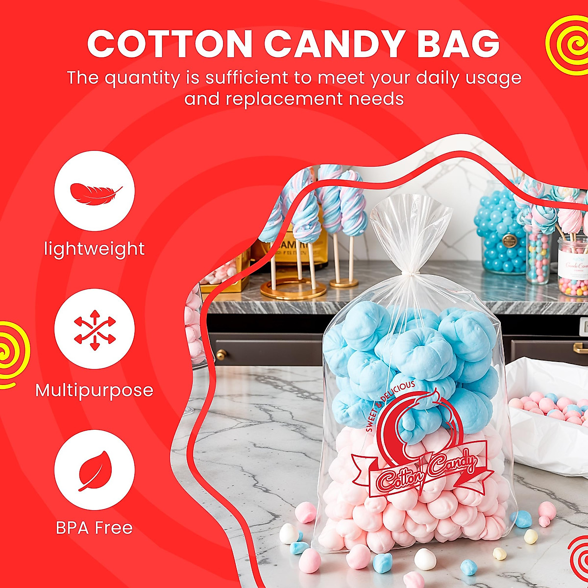 Clear Cotton Candy Bags with Ties, Bulk 500 Count, Cotton Candy Supplies Perfect for Cotton Candy Sticks and Cotton Candy Cones, Cotton Candy Bulk Individual Bags for Cotton Candy Stand Accessories