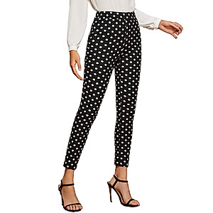 SweatyRocks Women's Casual Skinny Leggings Stretchy High Waisted Work Pants Black White Polka Dot XX-Large