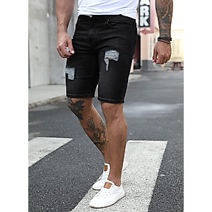 JMIERR Mens Shorts Casual Denim Stretch Slim Fit Washed Distressed Rolled Ripped Jean Shorts for Men US 36(L) Model B Black