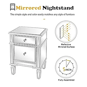 VINGLI Nightstands Set of 2 Mirrored Side Tables Glass End Table with Drawer for Bedroom, Silver