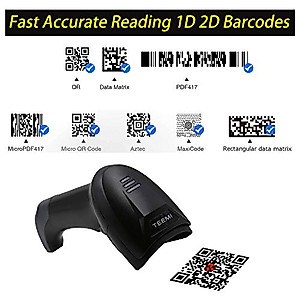 TEEMI QR Bluetooth 5.0 Barcode Scanner with Wall Mountable USB Charging Cradle Data Receiver, 1D 2D Wireless CMOS Screen Scanning PDF417 Data Matrix, Max 300 Yards Transfer Range