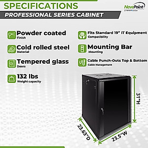 NavePoint 15U Server Rack Enclosure - 23.6” Deep, 15U Wall Mount Network Cabinet with Locking Glass Door for 19” IT Equipment, 15U Network Rack with 2 Fans, Removable Side Panels, Black