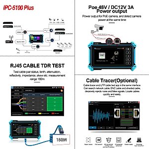 Rsrteng IP Camera Tester, IPC-5100 Plus 8MP AHD CVI TVI CVBS IP Camera Test 4K HD Display Video Monitor 5inch IPS Touch Screen IPC Tester Support POE PTZ W-i-F-i RS485 HDMI & VGA Input DC12V Output