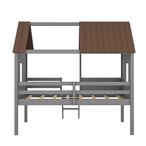 BOVZA Twin Size Low Loft Bed, Wood Kids House Bed with Two Side Windows and Roof for Kids Girls Boys, Gray+Brown