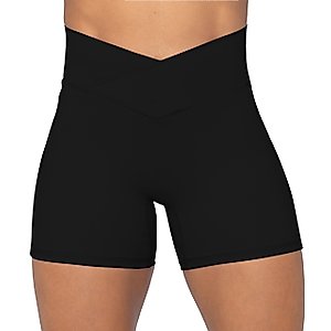 Sunzel Sunzfly Crossover Biker Shorts for Women, V Criss Cross High Waist Yoga Workout Gym Shorts with Tummy Control 4" Black Small