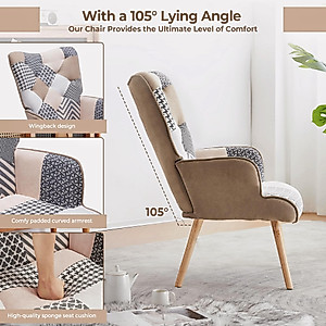 Bafode Accent Chair, Arm Chair for Living Room, Reading Chairs with High Back and Solid Wood Legs, Comfy Chairs for Bedroom, Boho Decor Patchwork Lounge Chair for Office or Balcony(Grey)