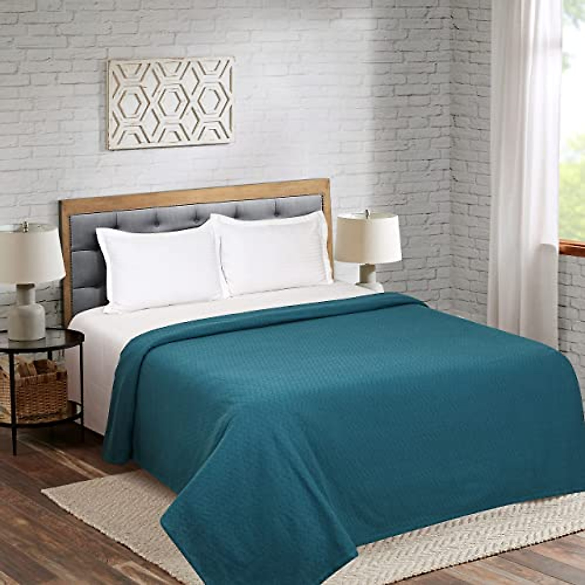 ELVANA HOME BELIZZI 100percent Cotton Bed Blanket, Breathable Thermal Blanket Full - Queen Size, Soft Chevron 90''x90'', Perfect for Layering Any All Season, Teal