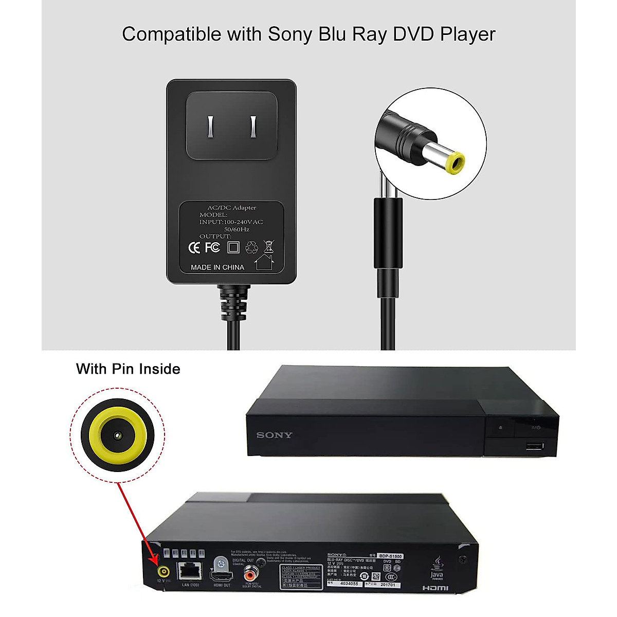 Replace Sony Blu Ray DVD Player Power Cord 12V AC Adapter, fit for Sony BDP-S5200 BDP-S3200 BDP-S3700 BDP-S6700 BDP-S1700 BDP-S3500 Blu-ray DVD Player, Suitable for The Sony AC-M1208UC AC Adapter