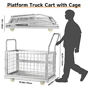Platform Truck Cart with Cage,5IN1 Multi-Functional Cage Cart,Heavy Duty Flatbed Cart Load 2500LBS,40"×24" Push Cart for Laundry,Grocery, Storage